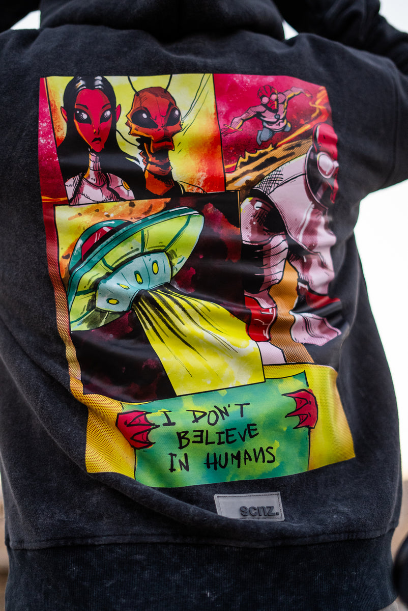'I don't believe in humans' Black Acid Wash Hoodie | 008 – scnz